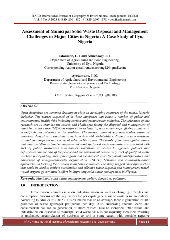 (PDF) Assessment of Municipal Solid Waste Disposal and Management ...