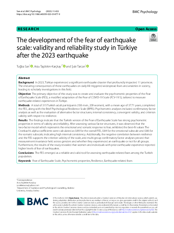 (PDF) The development of the fear of earthquake scale: validity and reliability study in Türkiye ...