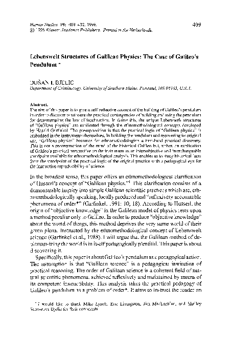 (PDF) Lebenswelt structures of Galilean physics: The case of Galileo's pendulum