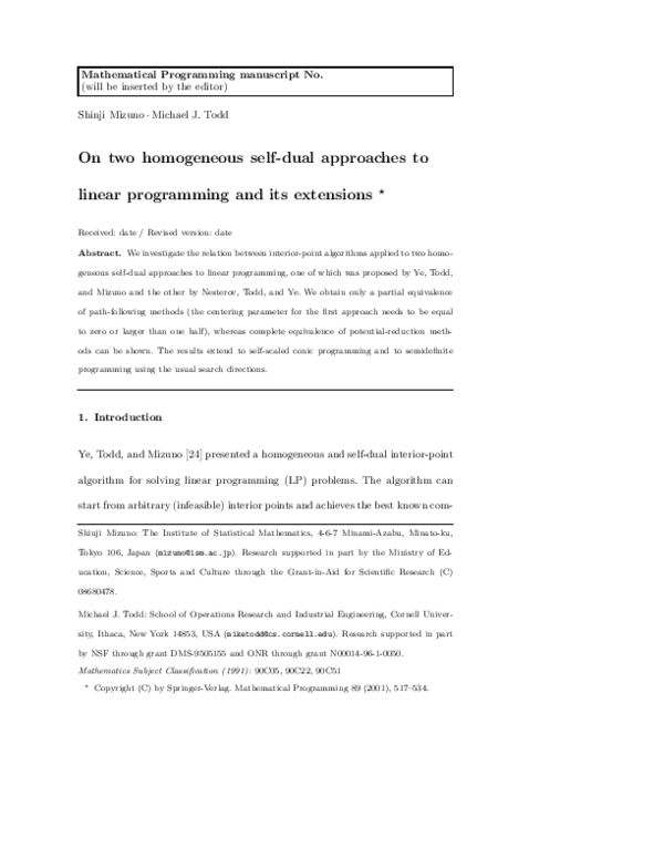 (PDF) On two homogeneous self-dual systems for linear programming and its extensions