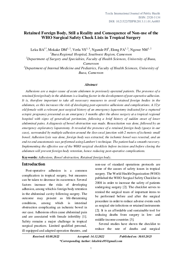 (PDF) Retained Foreign Body, Still a Reality and Consequence of Non-use ...