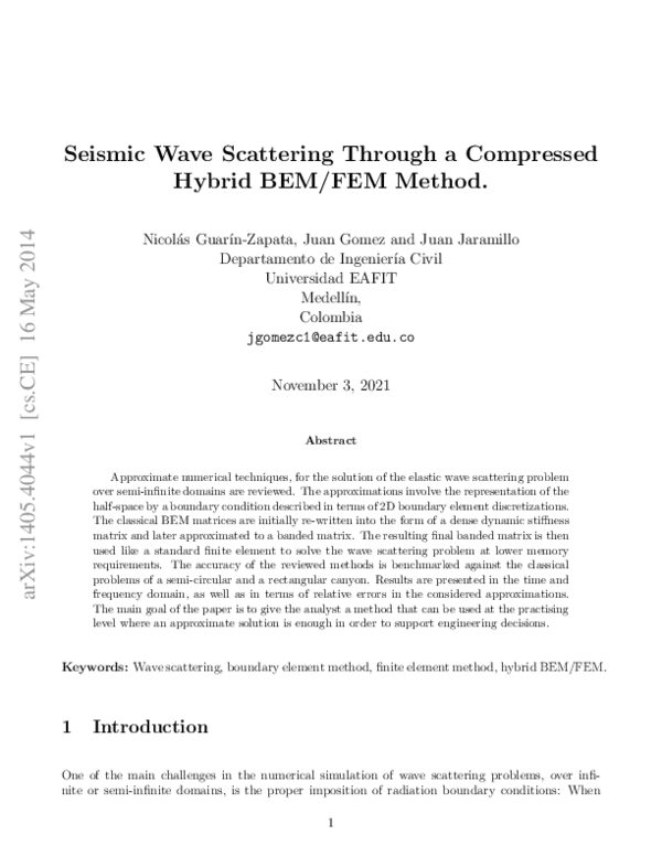 (PDF) Seismic Wave Scattering Through a Compressed Hybrid BEM/FEM Method | Juan Gomez - Academia.edu