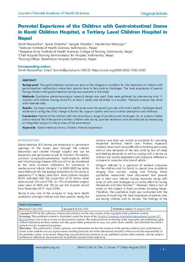 (PDF) Parental Experience of the Children with Gastrointestinal Stoma ...