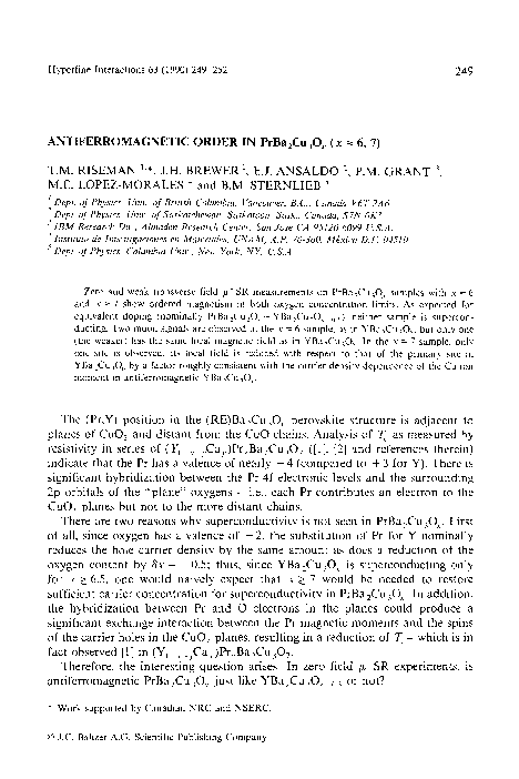 (PDF) Antiferromagnetic order in PrBa2Cu3O x (x≈6, 7) | Jess H. Brewer ...