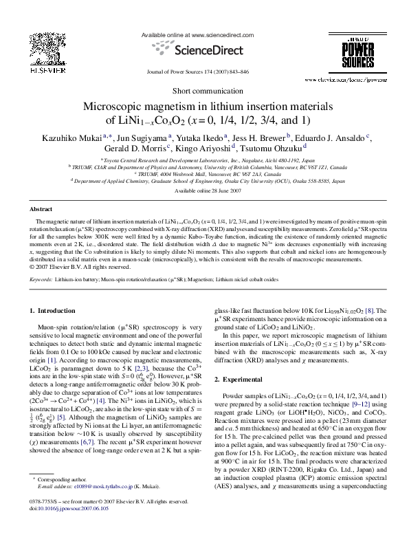 (PDF) Microscopic magnetism in lithium insertion materials of LiNi1−xCoxO2 (x=0, 1/4, 1/2, 3/4 ...