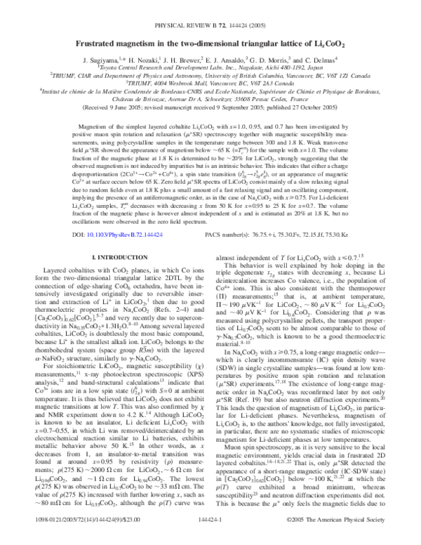 (PDF) Frustrated magnetism in the two-dimensional triangular lattice of