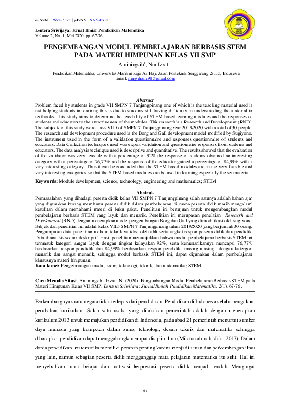 (PDF) Pengembangan Modul Pembelajaran Berbasis Stem Pada Materi Himpunan Kelas VII SMP