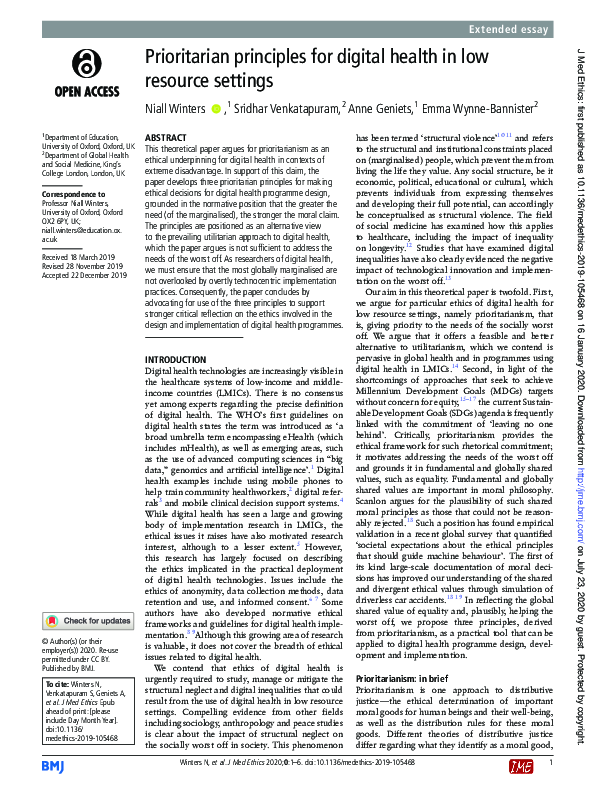 (PDF) Prioritarian principles for digital health in low resource settings