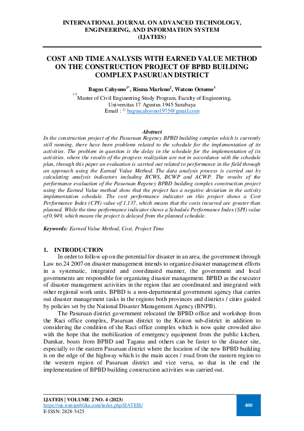 (PDF) Cost and Time Analysis Using the Earned Value Method in the Construction Project of the ...