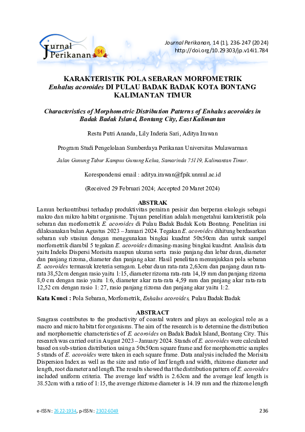 (PDF) KARAKTERISTIK POLA SEBARAN DAN MORFOMETRIK Enhalus acoroides DI PULAU BADAK BADAK KOTA ...