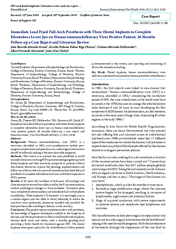 (PDF) Immediate Load Fixed Full-Arch Prosthesis with Three Dental Implants in Complete ...