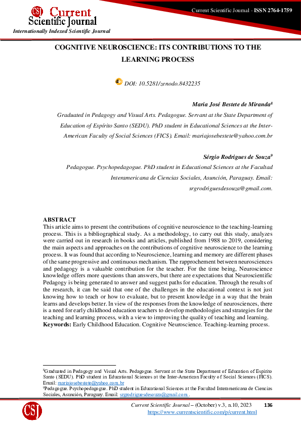 (PDF) Cognitive Neuroscience: Its Contributions to the Learning Process