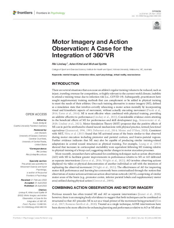 (PDF) Motor Imagery and Action Observation: A Case for the Integration ...