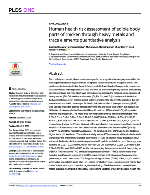 (PDF) Human health risk assessment of edible body parts of chicken ...