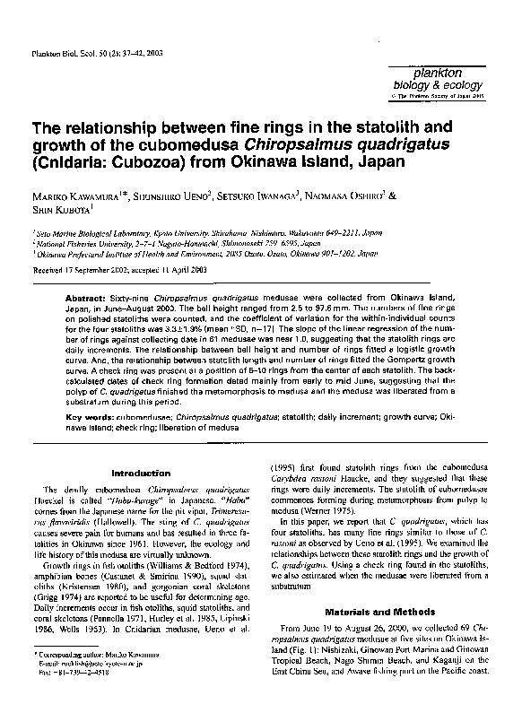 (PDF) The relationship between fine rings in the statolith and growth of the cubomedusa ...
