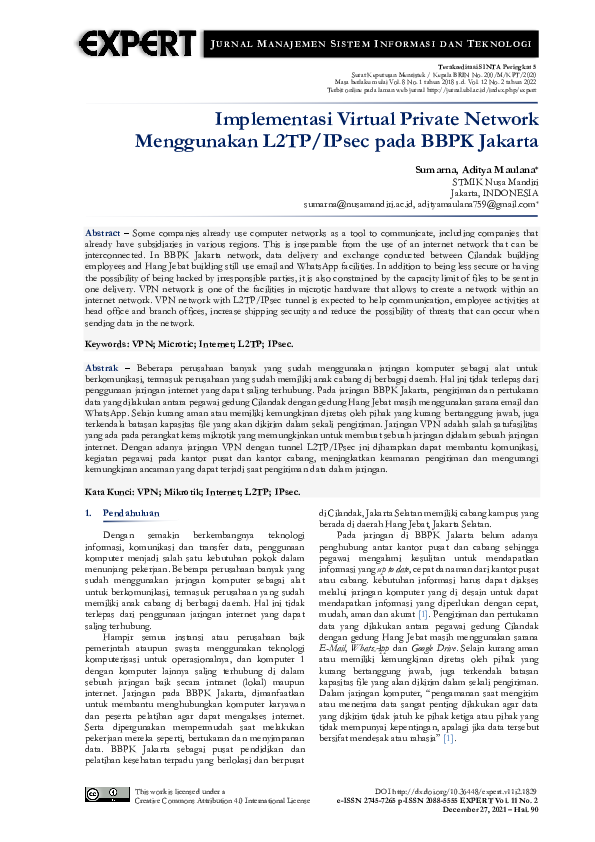 (PDF) Implementasi Virtual Private Network Menggunakan L2TP/IPsec pada BBPK Jakarta | Aditya ...