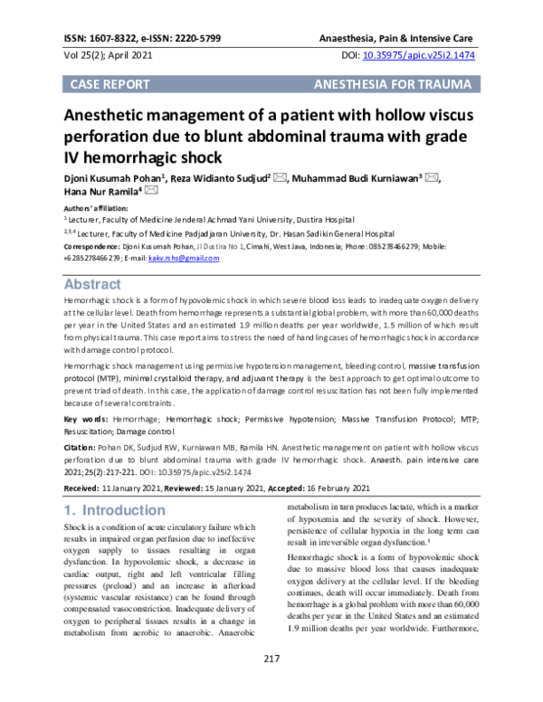 (PDF) Anesthetic management of a patient with hollow viscus perforation due to blunt abdominal ...