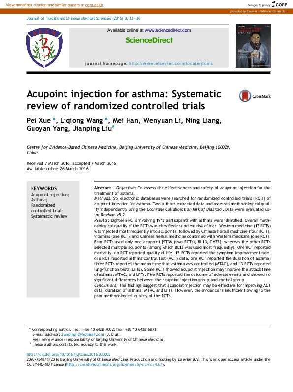 (PDF) Acupoint injection for asthma: systematic review of randomized controlled trials