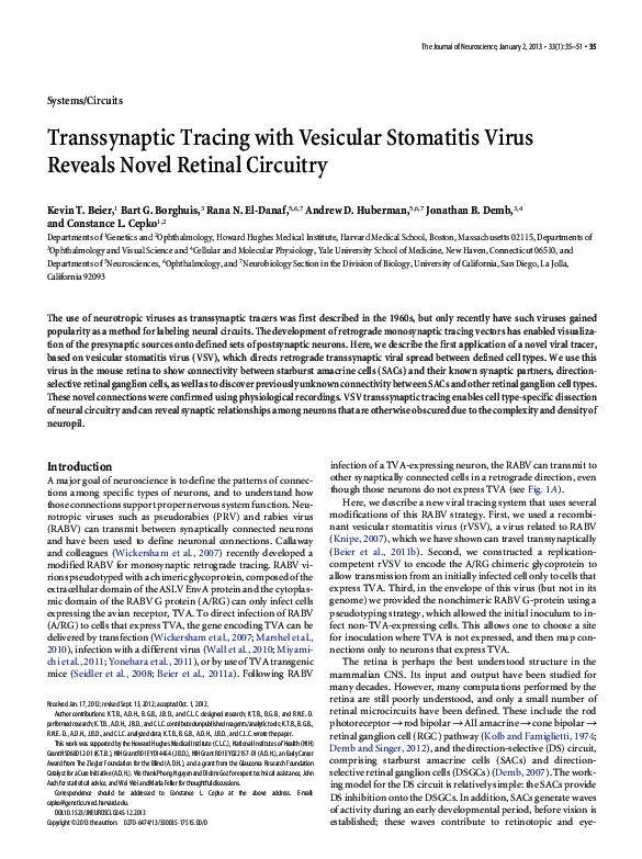 (PDF) Transsynaptic Tracing with Vesicular Stomatitis Virus Reveals ...