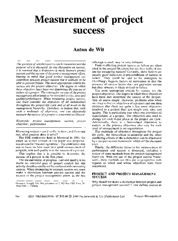 (PDF) Measurement of project success