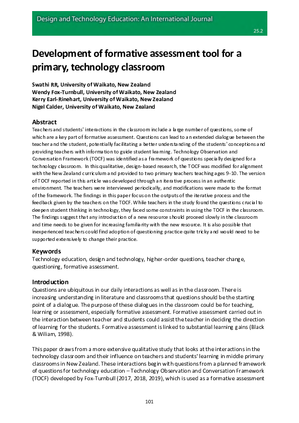 Pdf Formative Assessment Tool Development For Primary Tech Classrooms