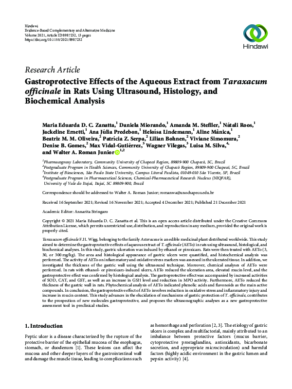 (PDF) Gastroprotective Effects of the Aqueous Extract from Taraxacum officinale in Rats Using ...