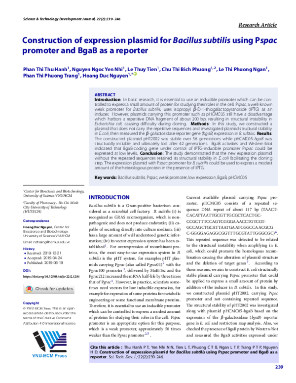 (PDF) Construction of expression plasmid for Bacillus subtilis using ...