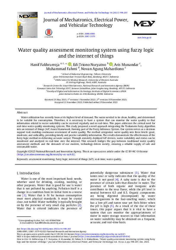 (PDF) Water quality assessment monitoring system using fuzzy logic and the internet of things