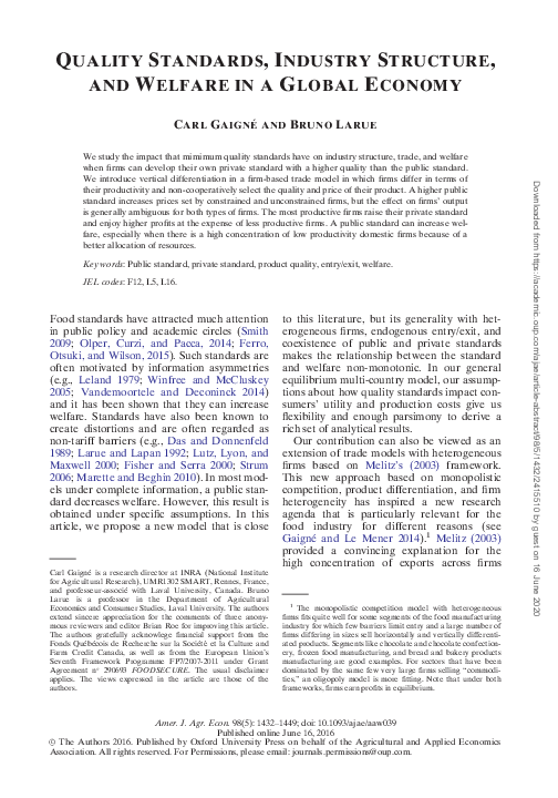 (PDF) Quality Standards, Industry Structure, and Welfare in a Global ...