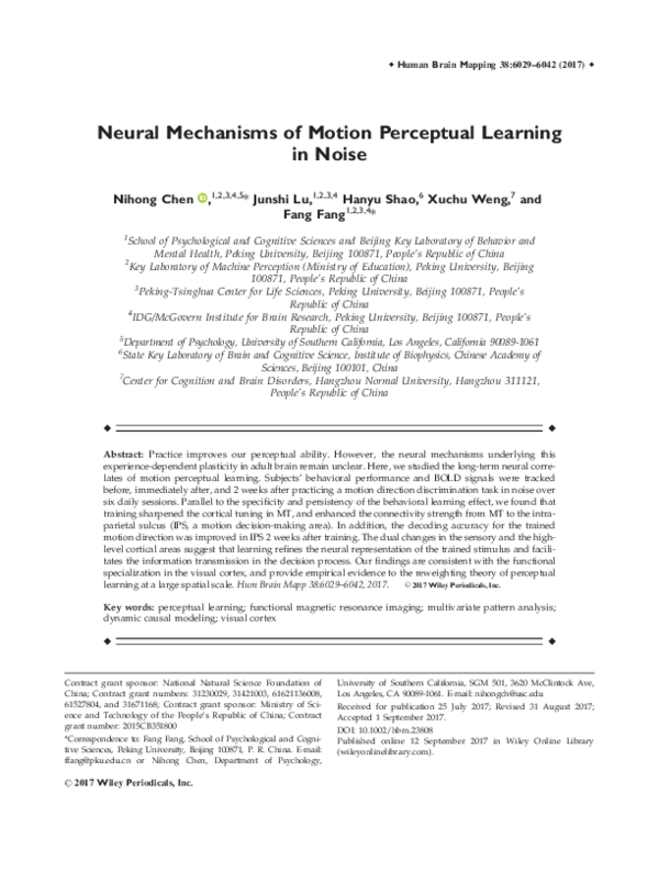 (PDF) Neural mechanisms of motion perceptual learning in noise | Nihong Chen - Academia.edu