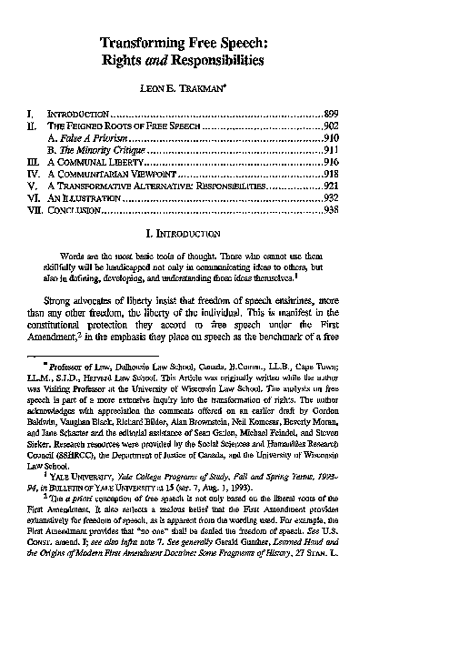 (PDF) Transforming free speech: Rights and responsibilities