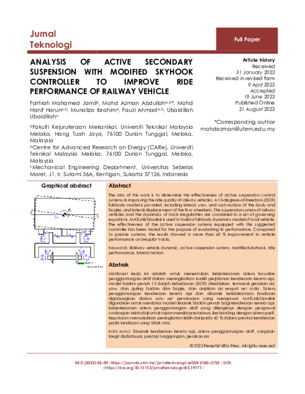 (PDF) Analysis of Active Secondary Suspension with Modified Skyhook ...