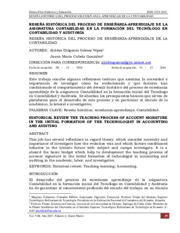 (PDF) Reseña Histórica Del Proceso De Enseñanza-Aprendizaje De La Asignatura Contabilidad en La ...