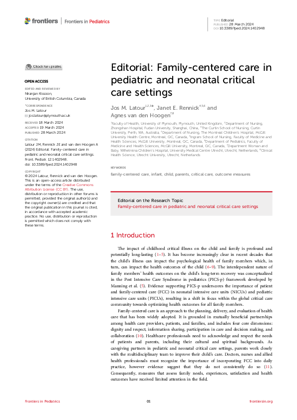 (PDF) Editorial: Family-centered care in pediatric and neonatal critical care settings