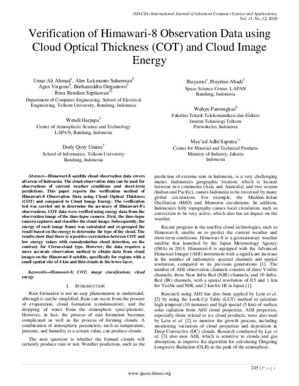 (PDF) Verification of Himawari-8 Observation Data using Cloud Optical Thickness (COT) and Cloud ...