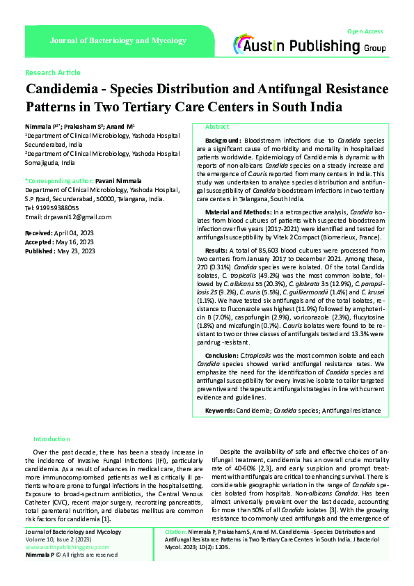 (PDF) Candidemia - Species Distribution and Antifungal Resistance Patterns in Two Tertiary Care ...