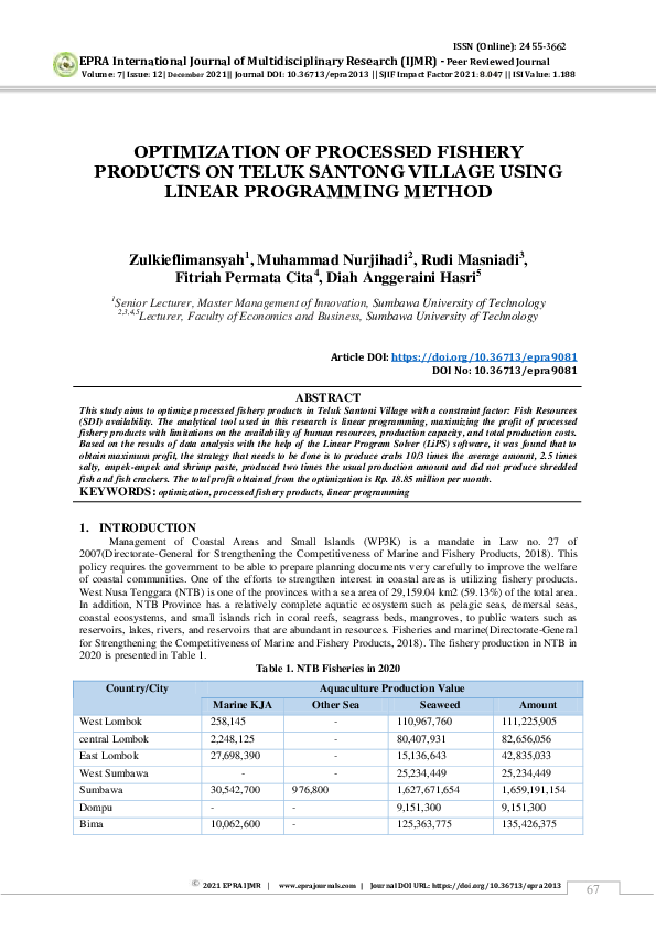 (PDF) Optimization of Processed Fishery Products on Teluk Santong Village Using Linear ...