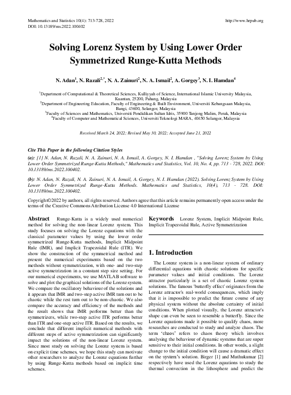 (PDF) Solving Lorenz System by Using Lower Order Symmetrized Runge-Kutta Methods