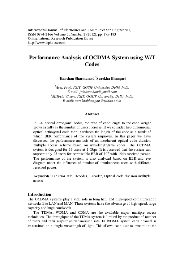 (PDF) Performance Analysis of OCDMA System Using W/T Codes
