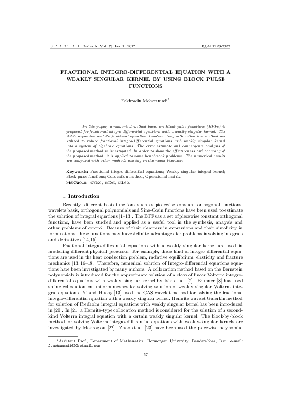 (PDF) Fractional Integro-Differential Equation with a Weakly Singular Kernel by Using Block ...