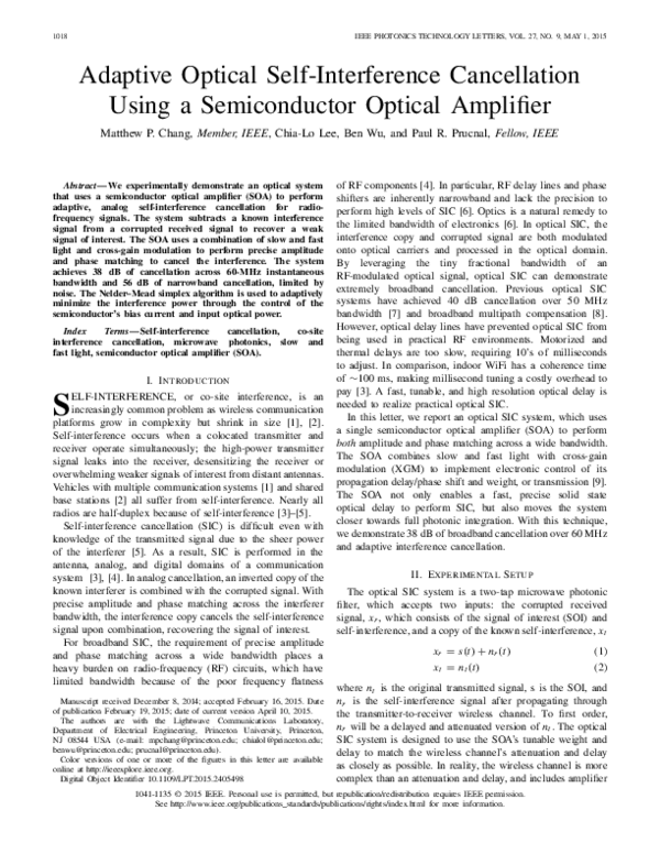 (PDF) Adaptive Optical Self-Interference Cancellation Using a Semiconductor Optical Amplifier