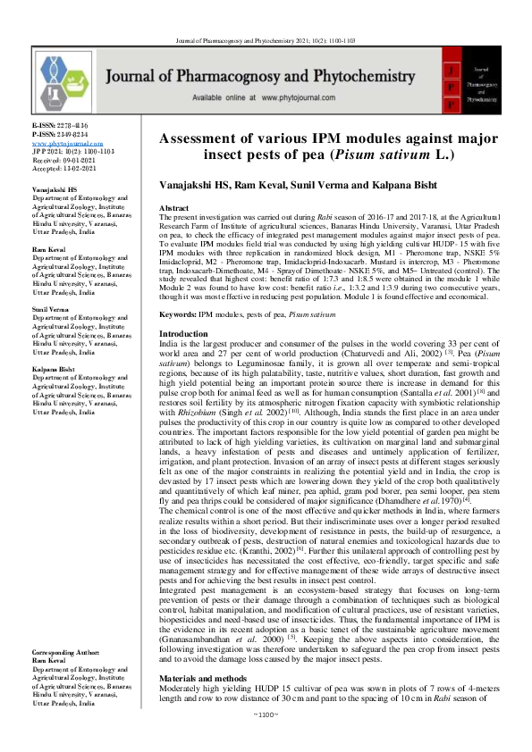 (PDF) Assessment of various IPM modules against major insect pests of pea (Pisum sativum L.)