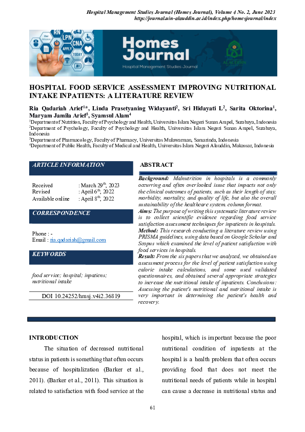 (PDF) Hospital Food Service Assessment Improving Nutritional Intake ...
