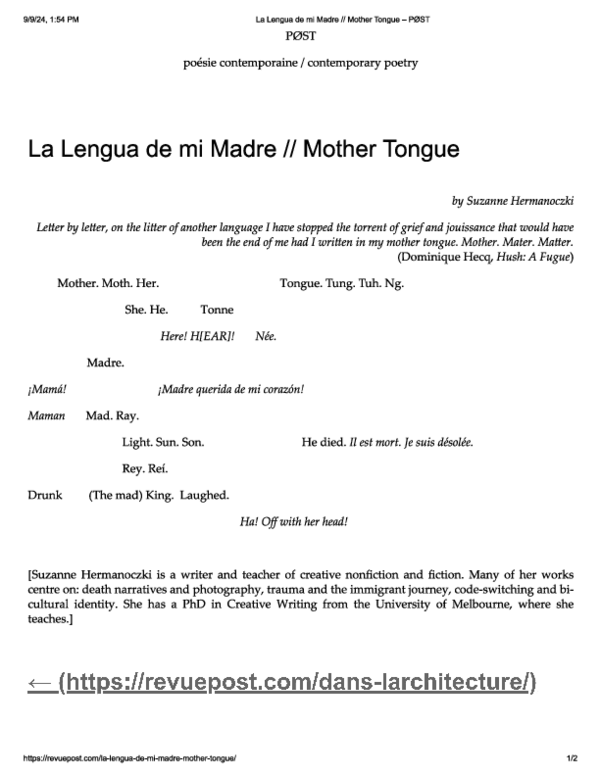 (PDF) Multilingual Poem: La Lengua de mi Madre // Mother Tongue