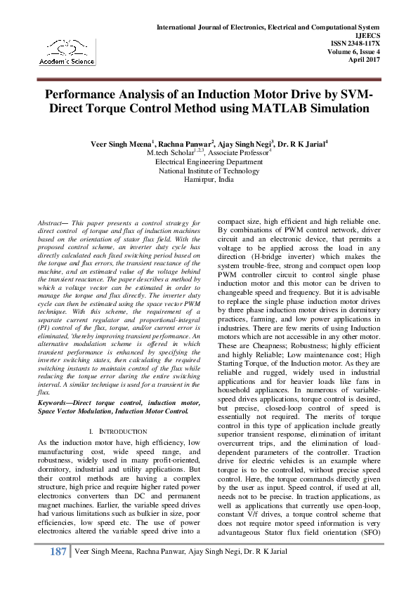 Pdf Performance Analysis Of An Induction Motor Drive By Svm Direct Torque Control Method