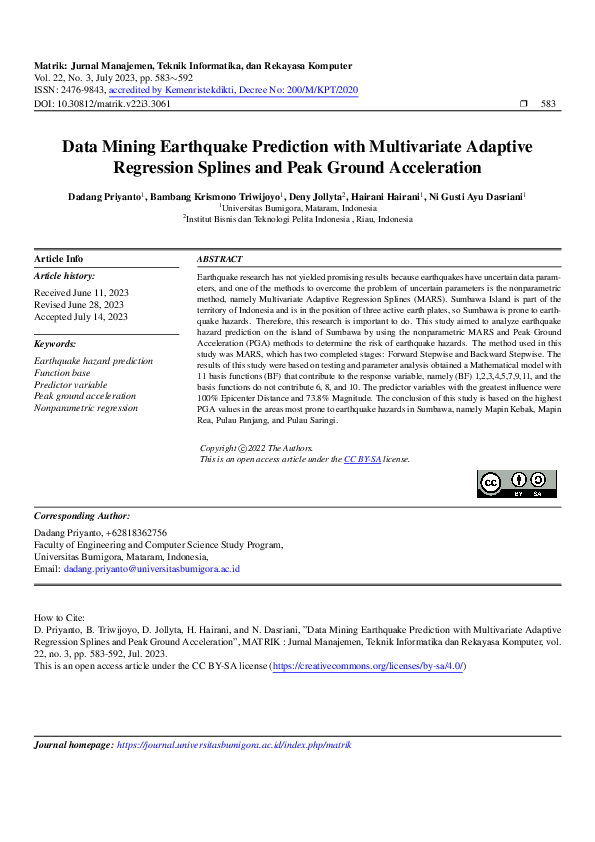(PDF) Data Mining Earthquake Prediction with Multivariate Adaptive Regression Splines and Peak ...
