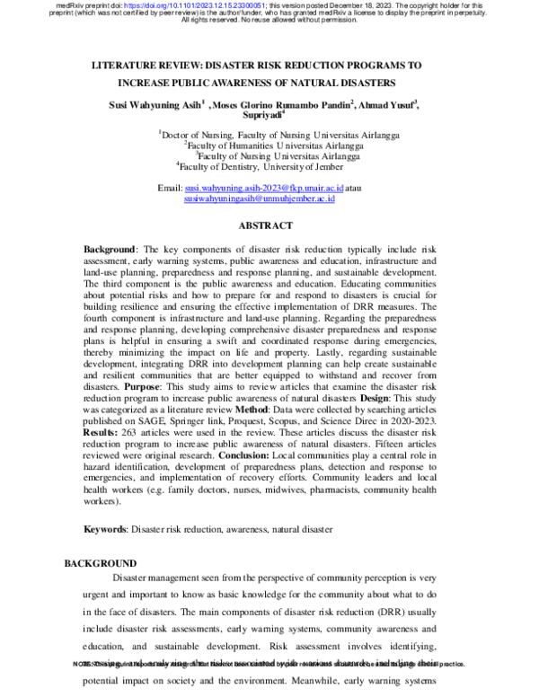 (PDF) Literature Review: Disaster Risk Reduction Programs to Increase ...