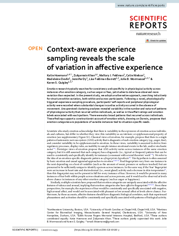 (PDF) Context-aware experience sampling reveals the scale of variation in affective experience