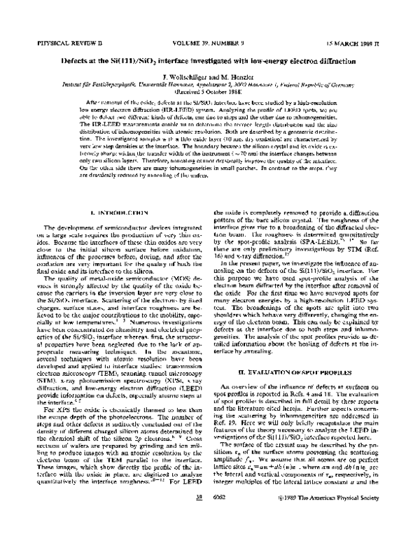 (PDF) Defects at the Si(111)/SiO2interface investigated with low-energy electron diffraction