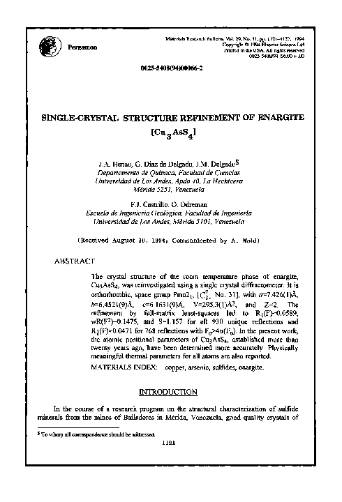(PDF) Single-crystal structure refinement of enargite [Cu3AsS4]